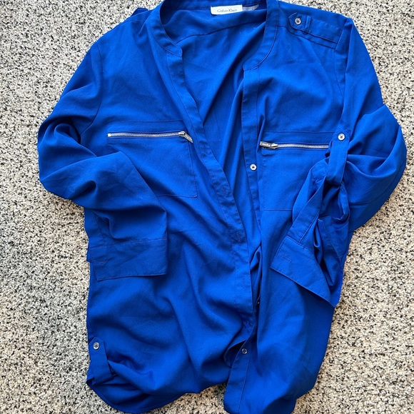 Calvin Klein | Tops | Calvin Klein Banded Collar Pocket Detail Long ...